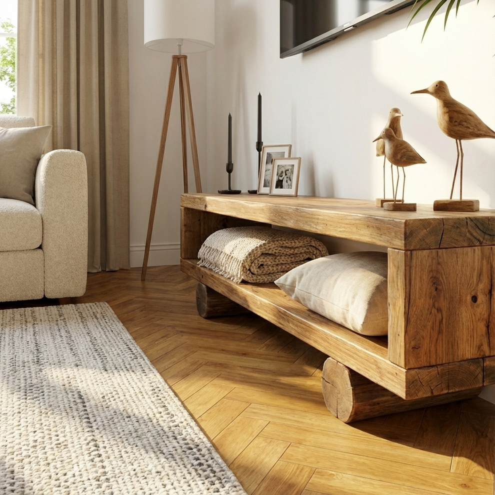 Handmade Rustic Solid Wood TV Unit: Timber Media Console – Tribe Joinery