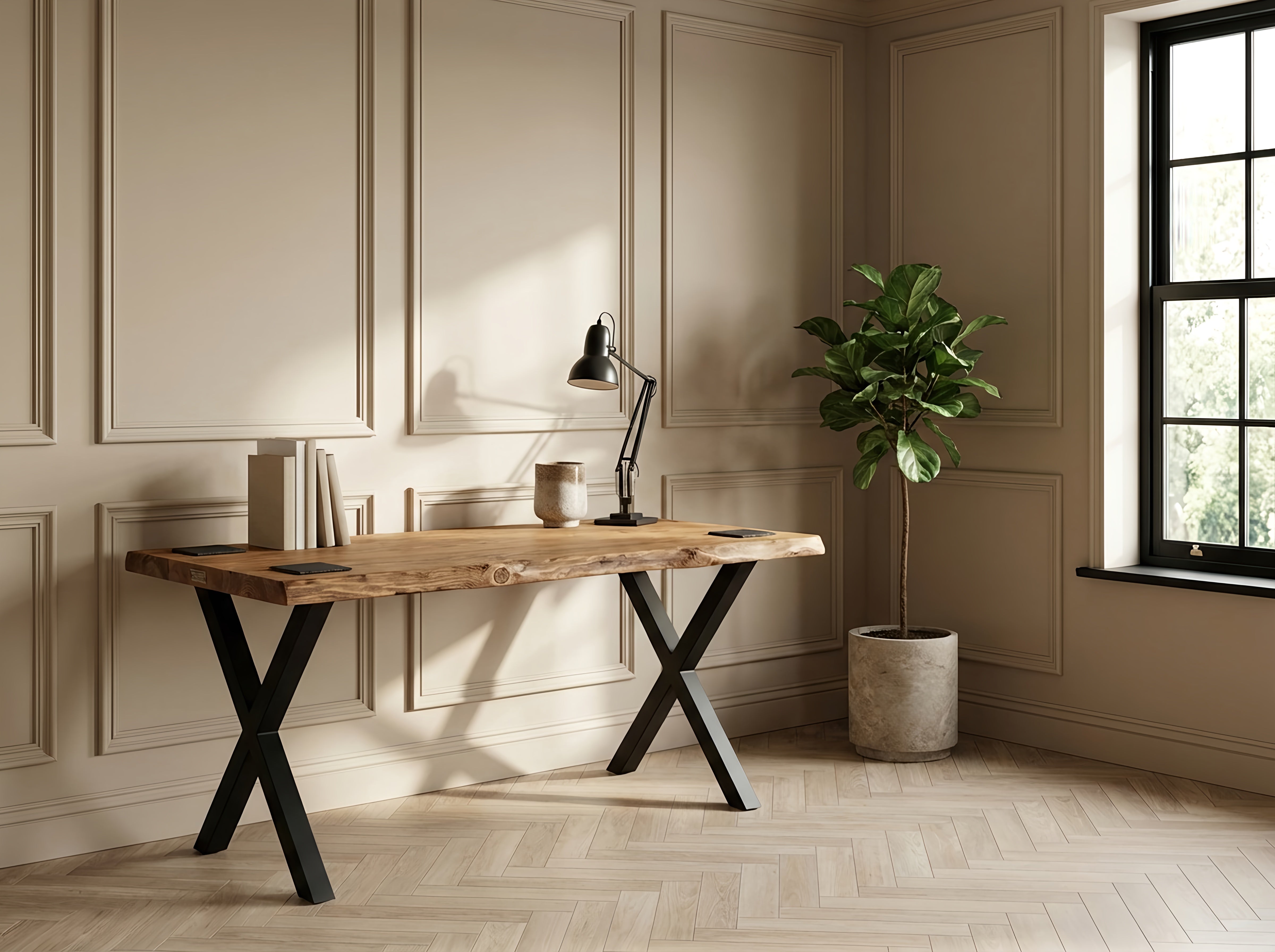 Live / Waney Edge Study Desk / Table With X Cross Metal Legs – Tribe ...